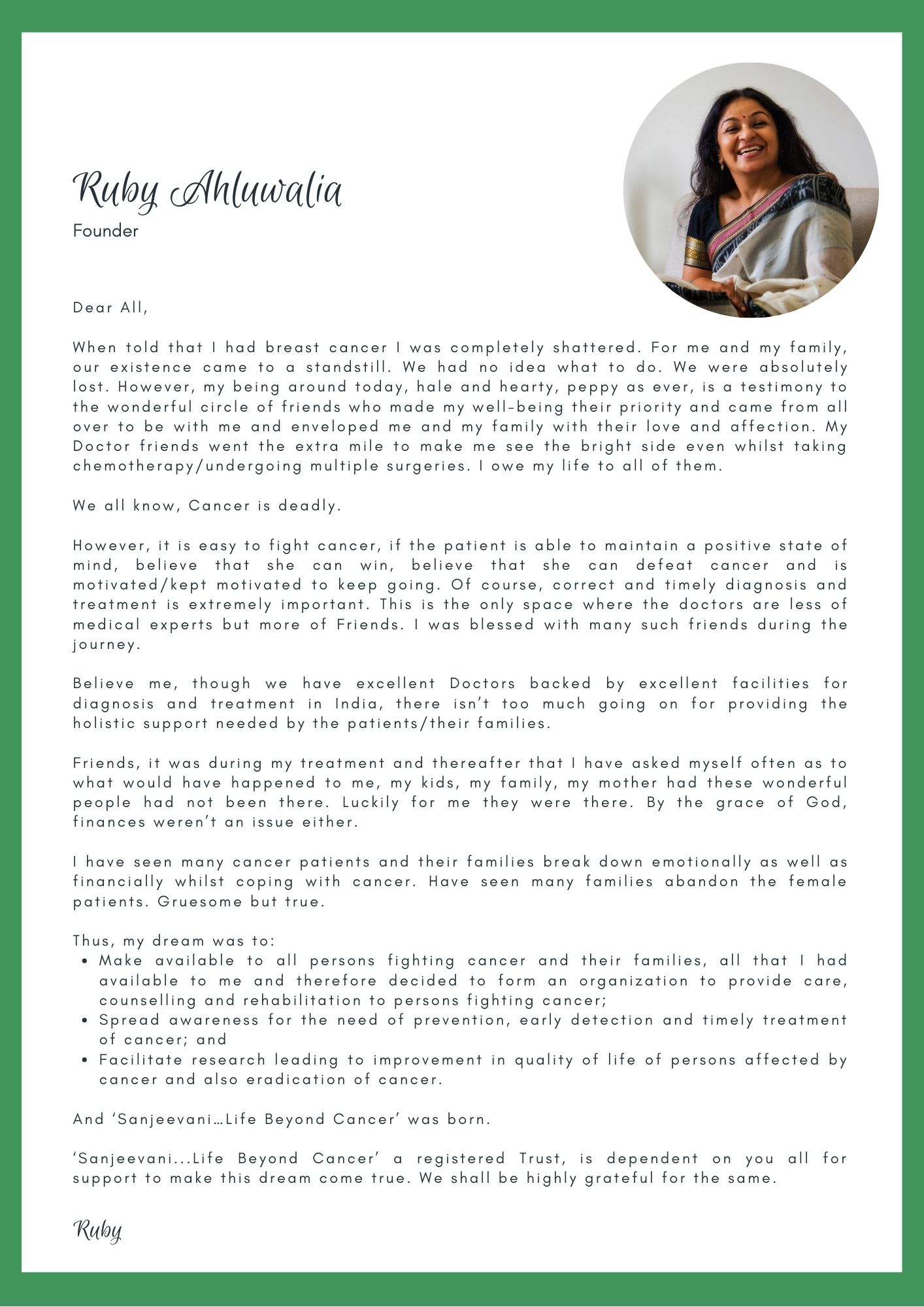 Founders Message | Sanjeevani - Life Beyond Cancer